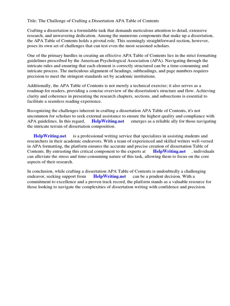 Dissertation Apa Table of Contents | PDF | Apa Style | Thesis