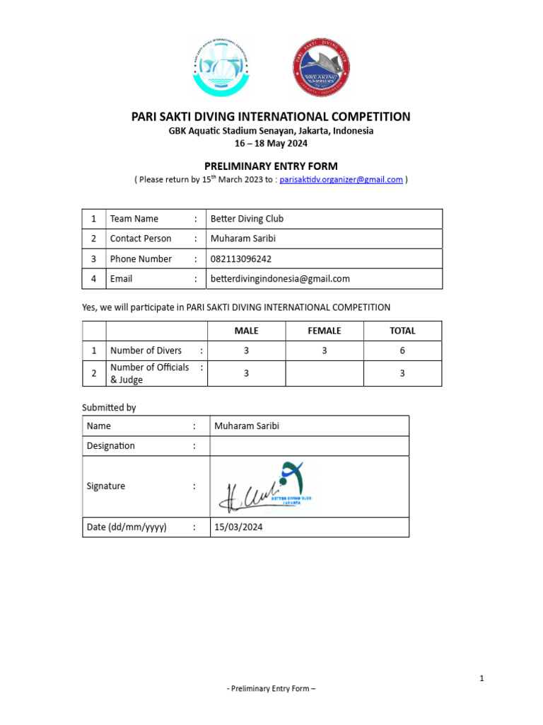 Preliminary Entry Form - Better Diving | PDF