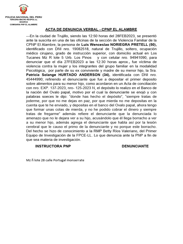 acta de denuncia verbal | PDF | Agresión | Mala conducta