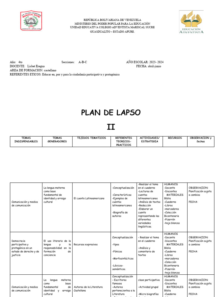 Plan de Lapso para Castellano 2023-2024 | PDF | Comunicación humana