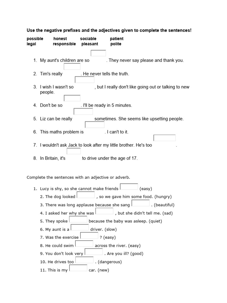 Negative Prefixes in Adjective Exercises | PDF | Adverb | Adjective