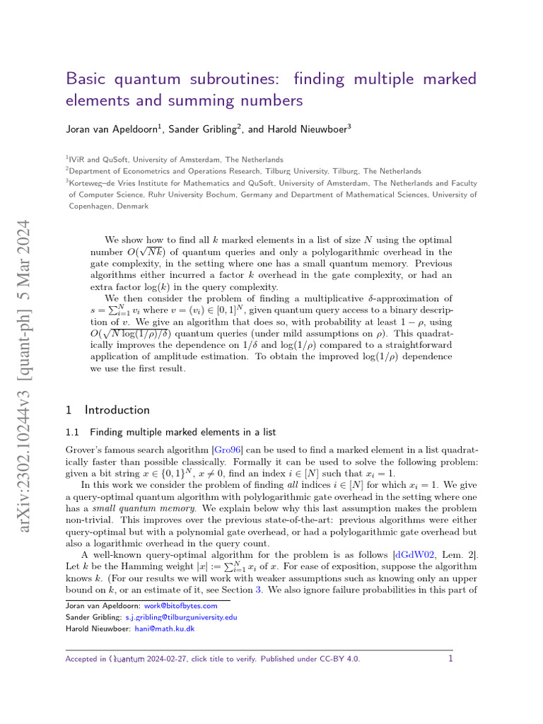 Basic Quantum Subroutines: Finding Multiple Marked Elements and Summing ...