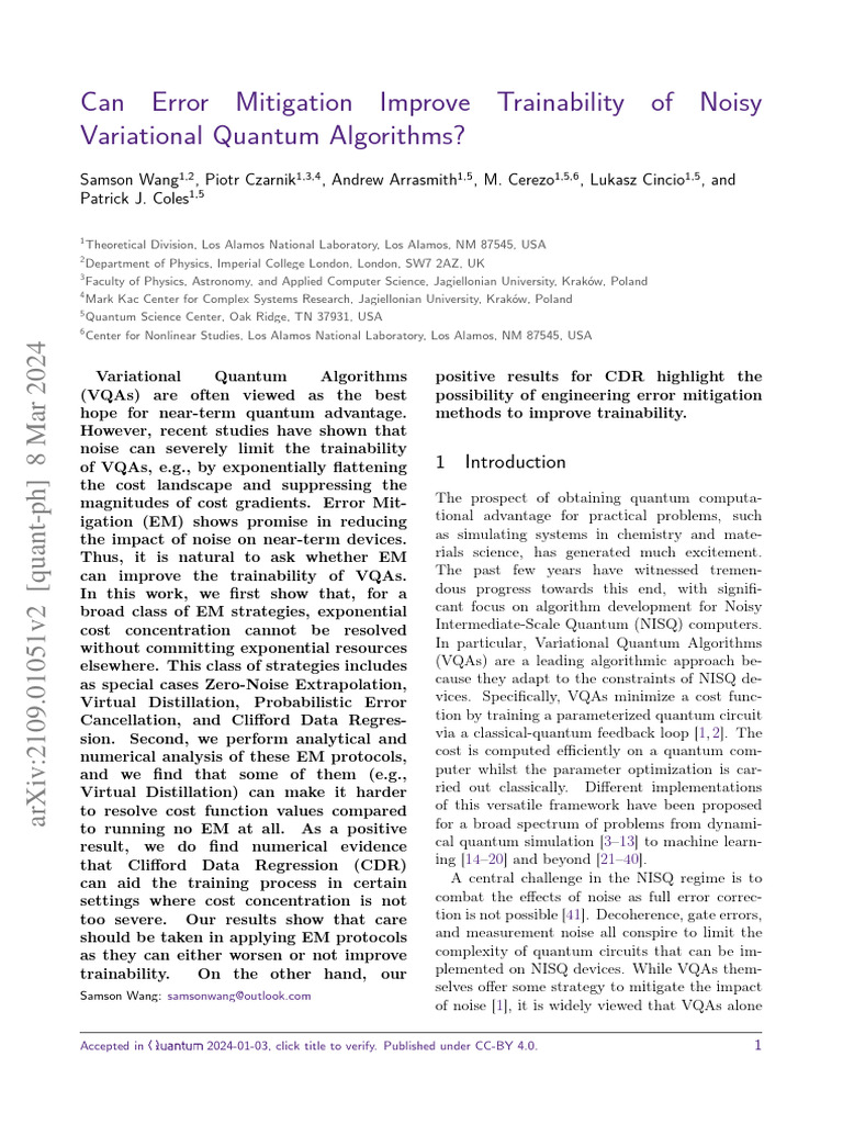 Can Error Mitigation Improve Trainability of Noisy Variational Quantum Algorithms? | PDF ...