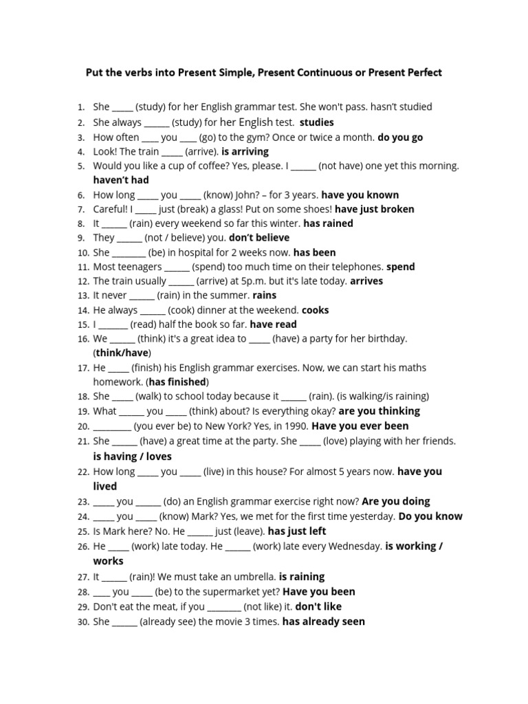 Present Sim - Cont.perf. Exercises | PDF | Perfect (Grammar) | Language Mechanics