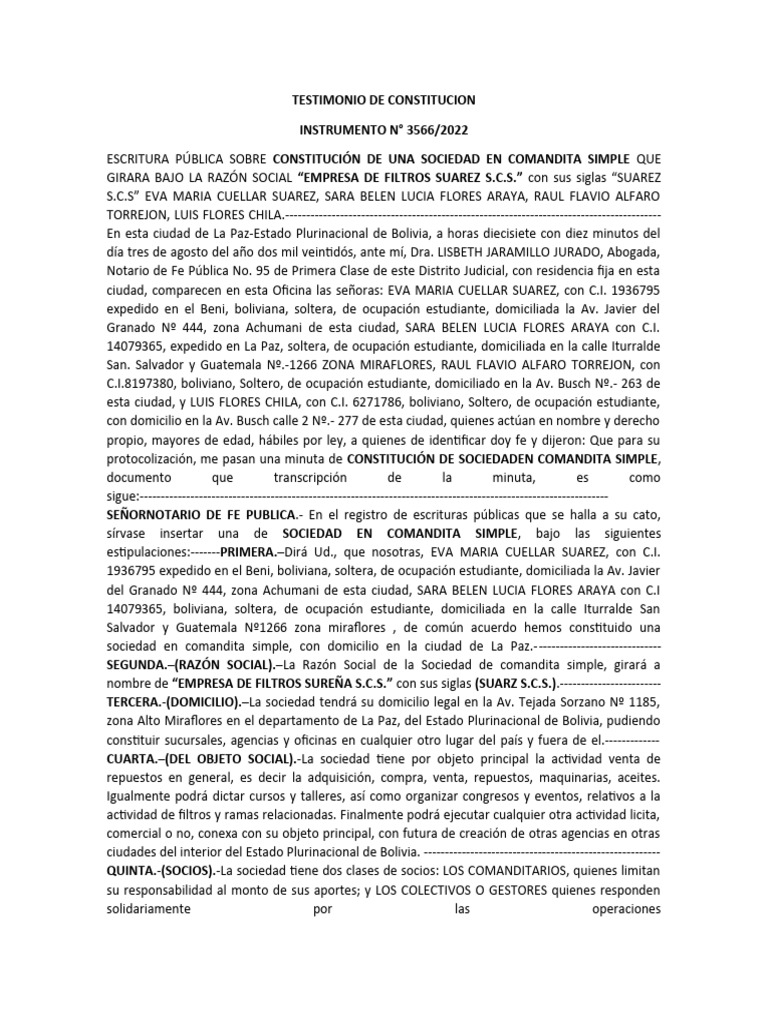 Minuta de Testimonio de Constitucion de Comandita Simple | PDF ...
