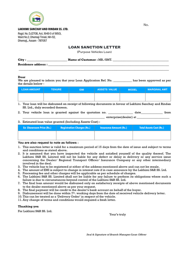 Vehicle Loan Sanction Letter | Download Free PDF | Loans | Insurance
