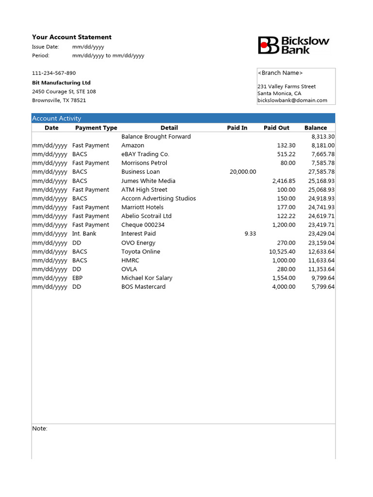 Bank Statement Template Example | PDF