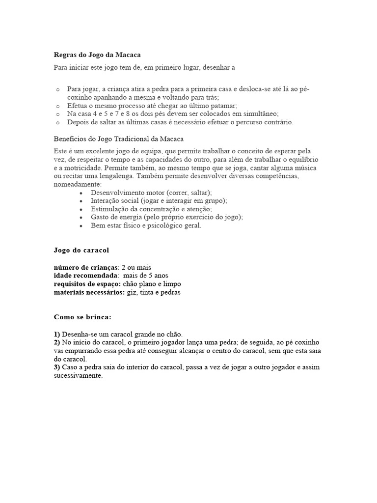 Regras Do Jogo Da Macaca e Do Caracol | PDF
