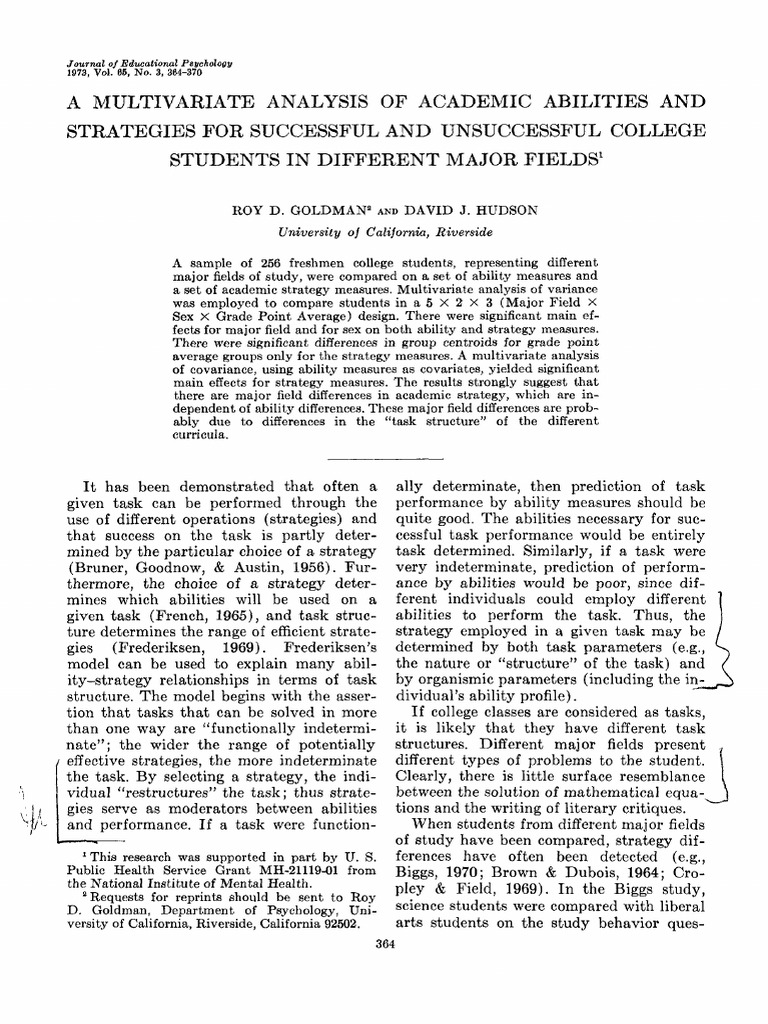 A Multivariate Analysis of Academic Abilities and Strategies For Successful and Unsuccessful ...