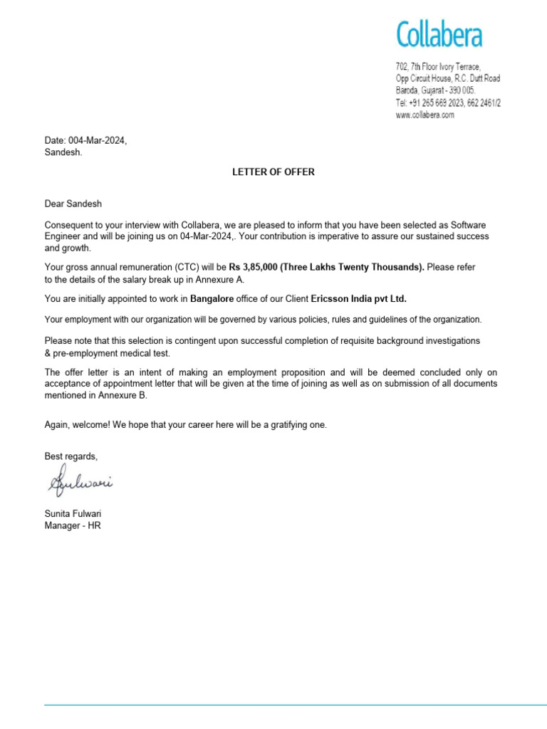 Sandeesh Offer Letter 12212 | PDF | Identity Document | Government And Personhood