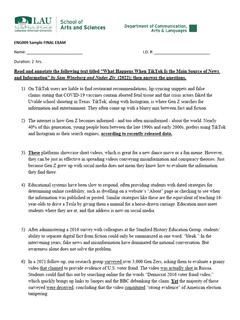 Sample Final Exam | PDF | Social Media | Popular Culture & Media Studies