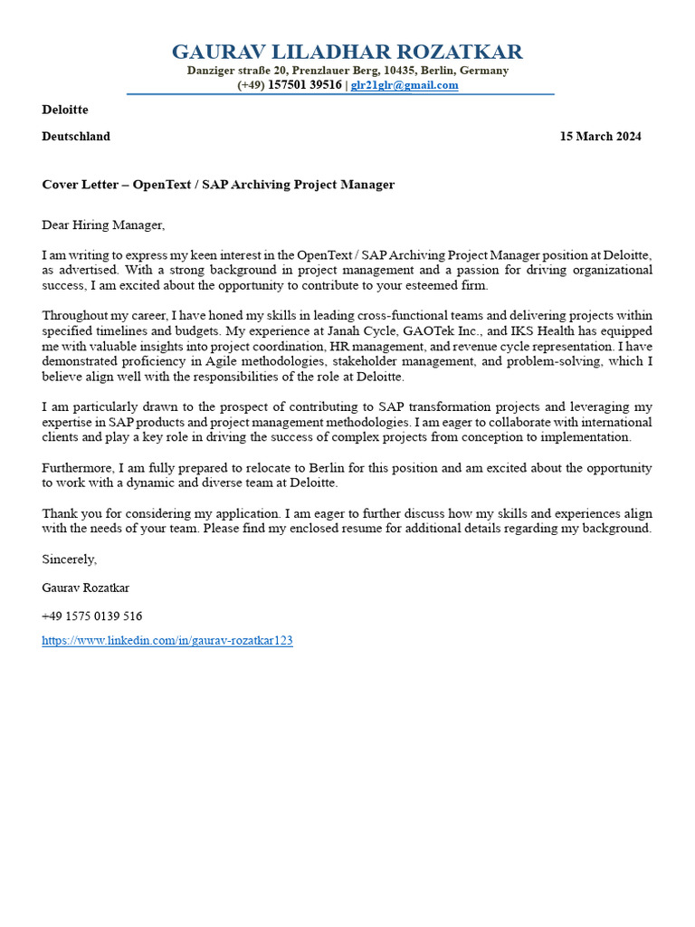 Cover Letter Deloitte | PDF