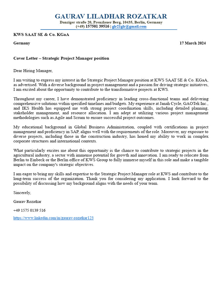 Cover Letter KWS | PDF