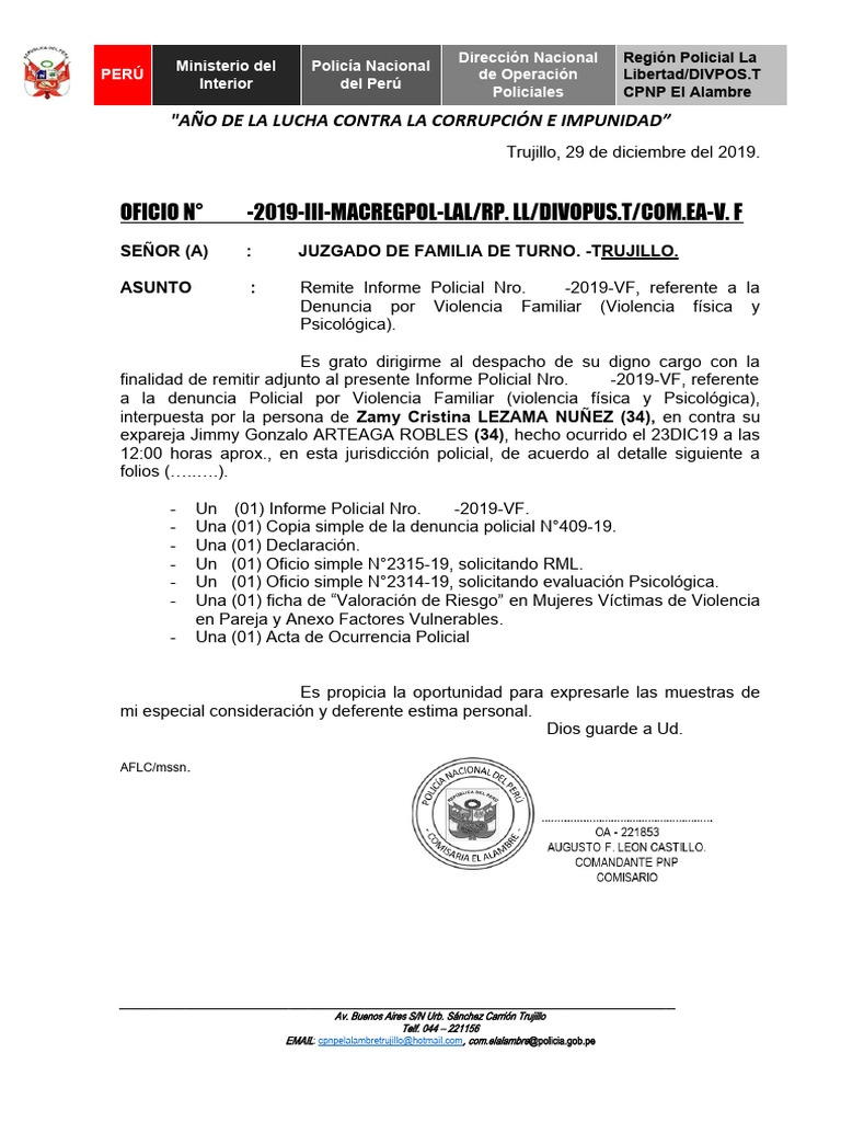 Oficios Remitir - 2019 | PDF | Violencia doméstica | Policía