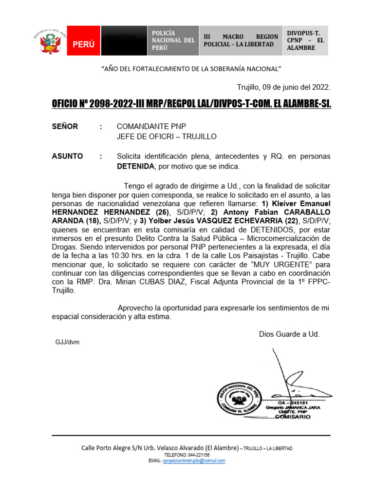 OFICIO AFIS | PDF | Perú | Policía