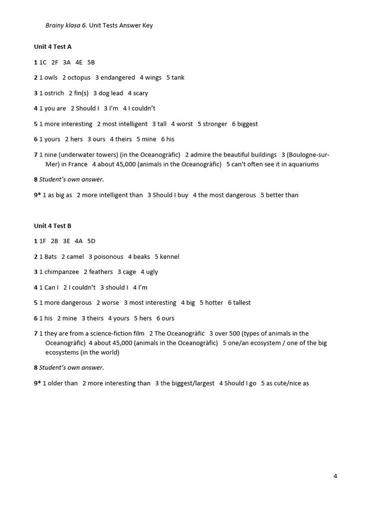Brainy Klasa 6 Unit Tests Answers | PDF