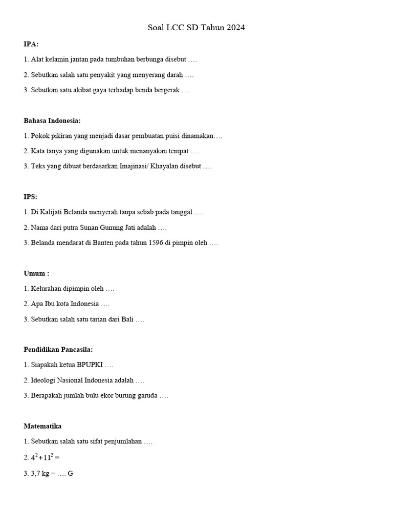 Kumpulan Soal LCC SD | PDF | Ilmu Sosial
