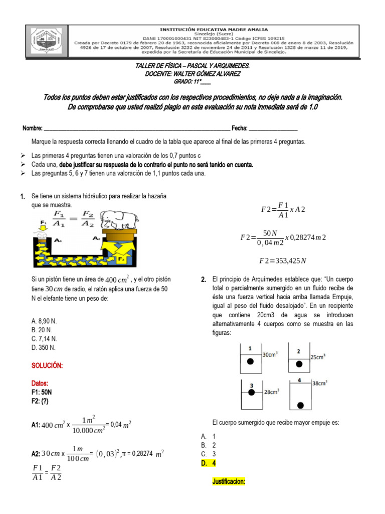 Taller de Fisica 11° - Pascal y Arquimedes | PDF | Densidad | Cantidades fisicas