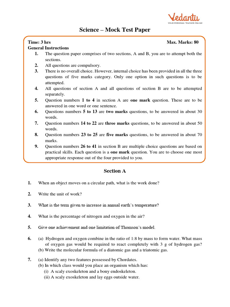 CBSE Sample Question Papers For Class 9 Science - Mock Paper 2 | PDF ...