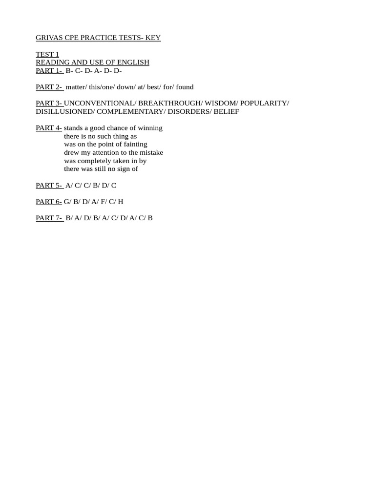 Grivas Practice Tests Key | PDF