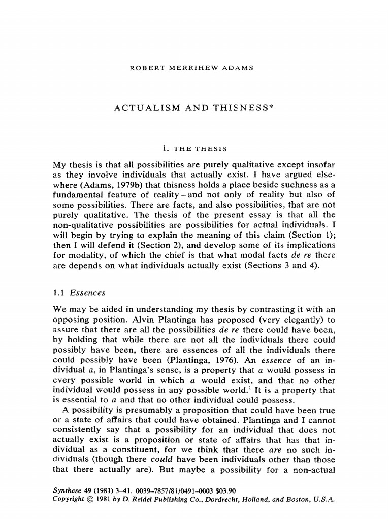 Adams 1981 | PDF | Modal Logic | Contemporary Philosophy