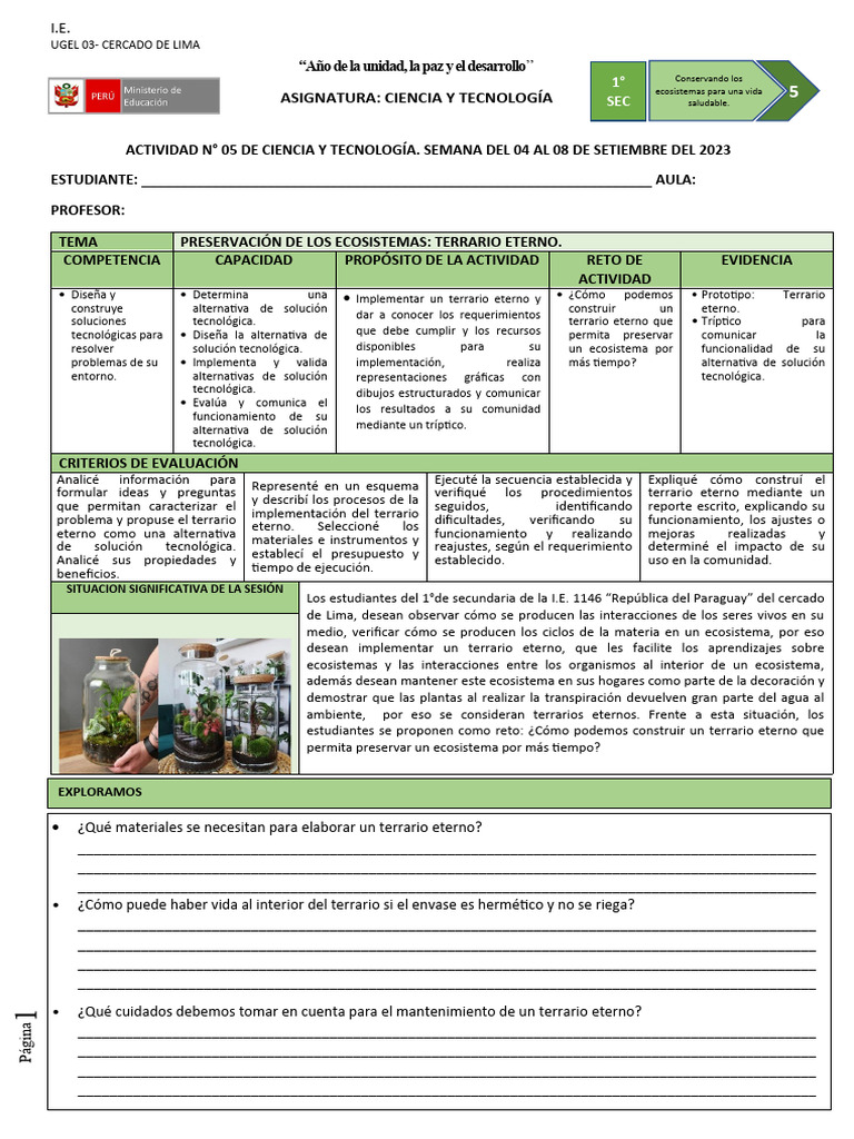 1° SEC. EDA 5 SEMANA 5 Diseña CYT 2023 Preservación de los ecosistemas | PDF | Plantas | Evaluación