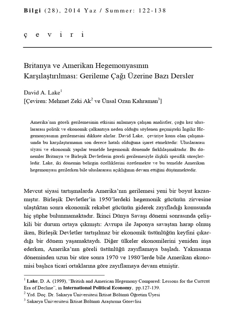 Britanya Ve Amerikan Hegemonyas - N - N Kar - La - T - R - Lmas - Gerileme - A - Zerine Baz ...