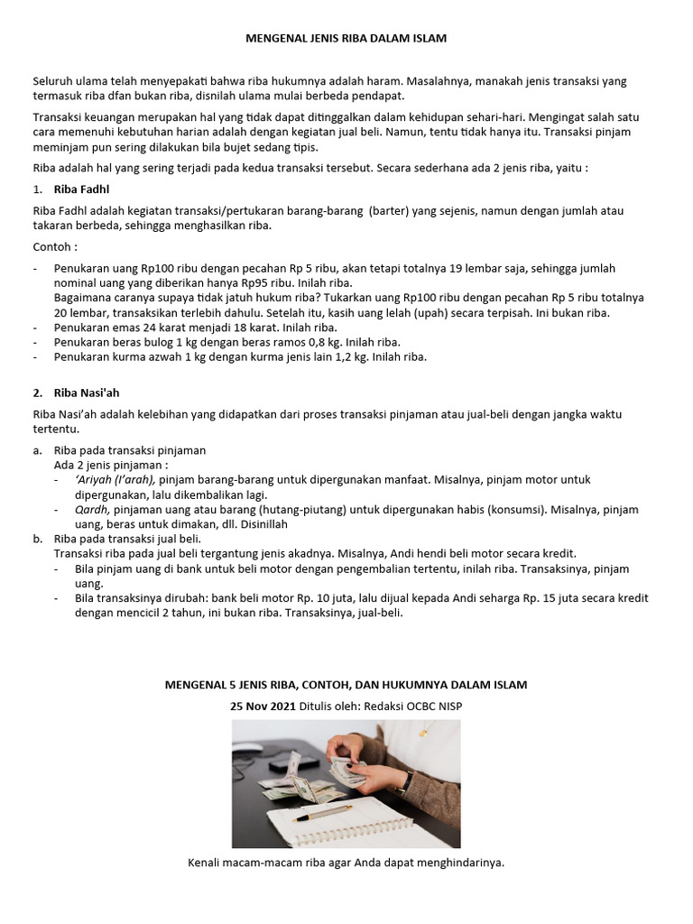 Mengenal Jenis Riba, Contoh, Dan Hukumnya Dalam Islam | PDF