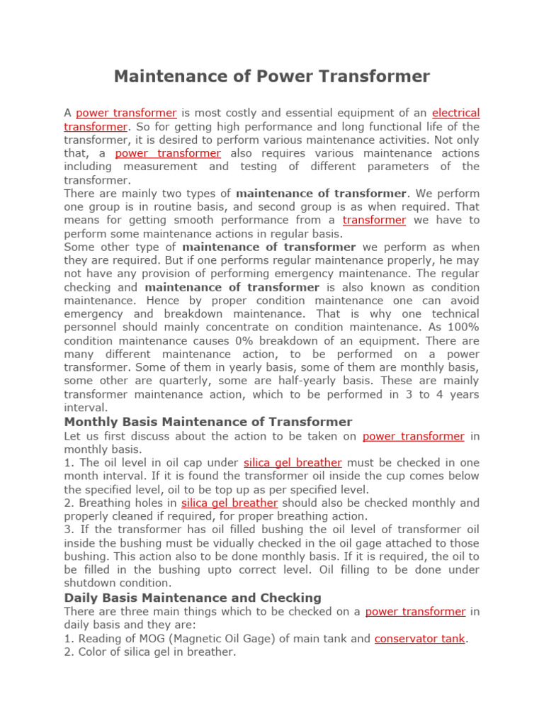 Maintenance of Power Transformer | PDF | Transformer | Insulator ...