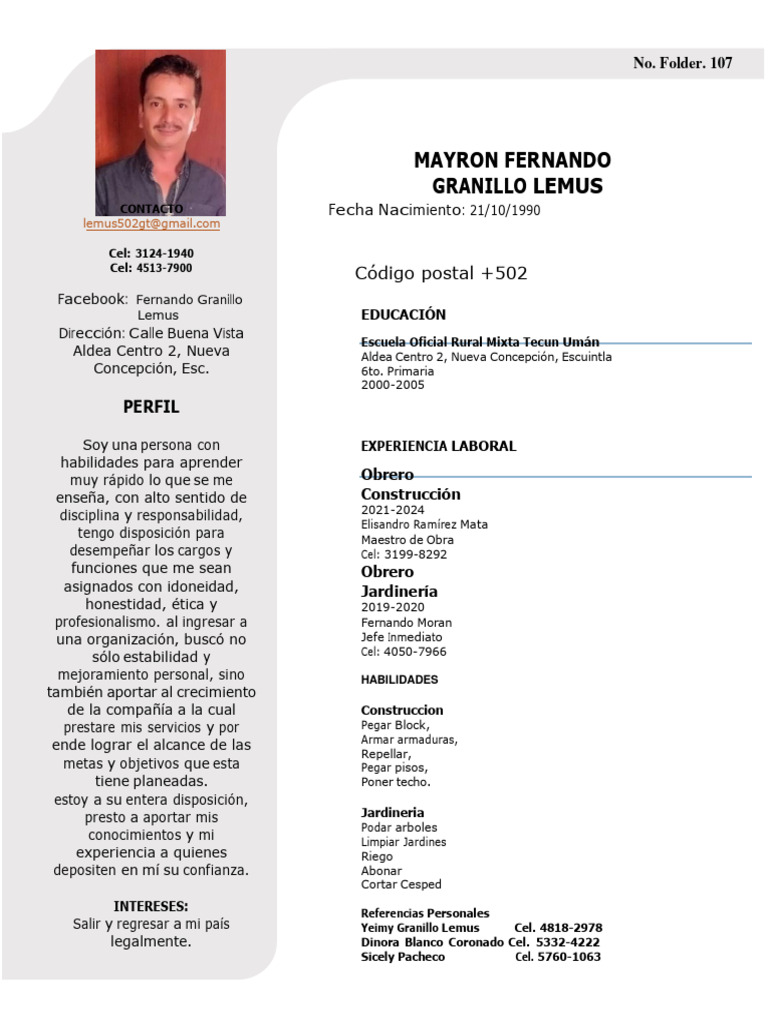 Perfil Laboral de Mayron Granillo | PDF