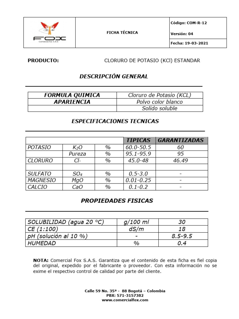 Com-R-12 Ficha Técnica Cloruro de Potasio (KCL White Estandar ...