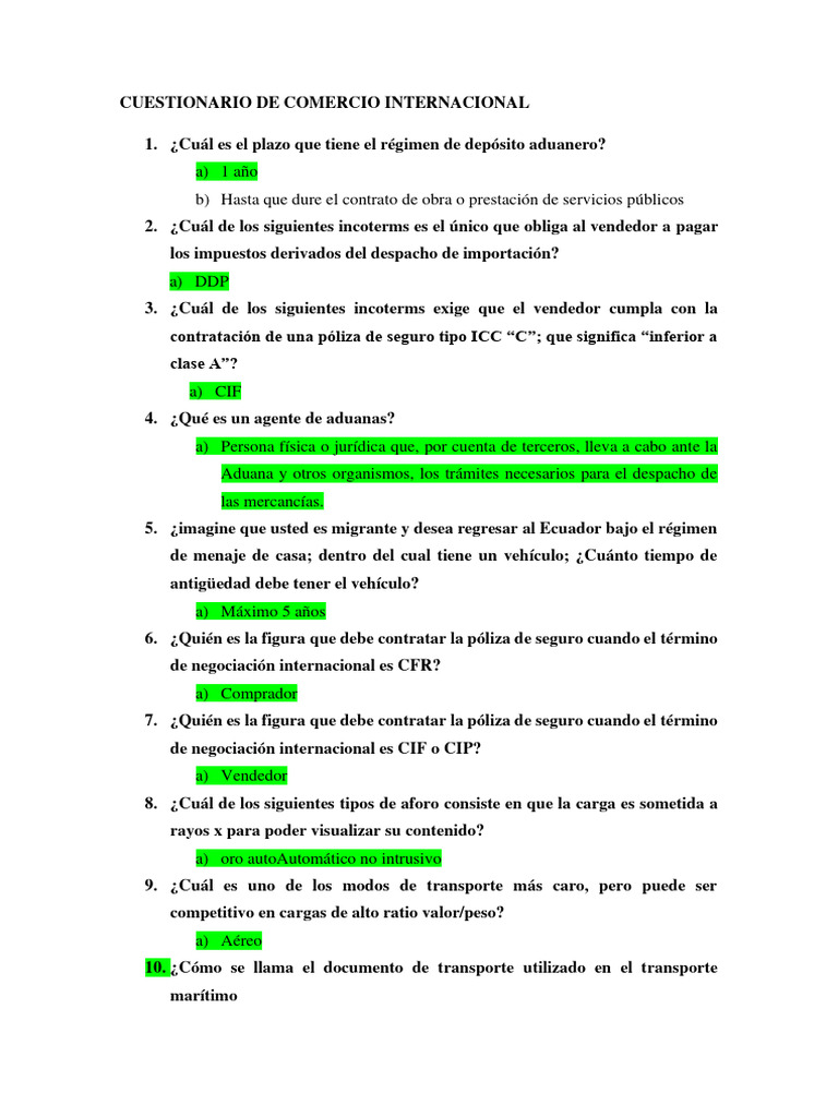 CUESTIONARIO DE COMERCIO INTERNACIONAL_043008 | PDF