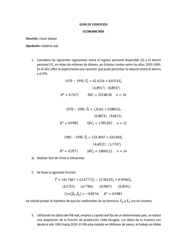 Guía de Ejercicios Econometría | PDF | Mínimos cuadrados ordinarios | Interpolación