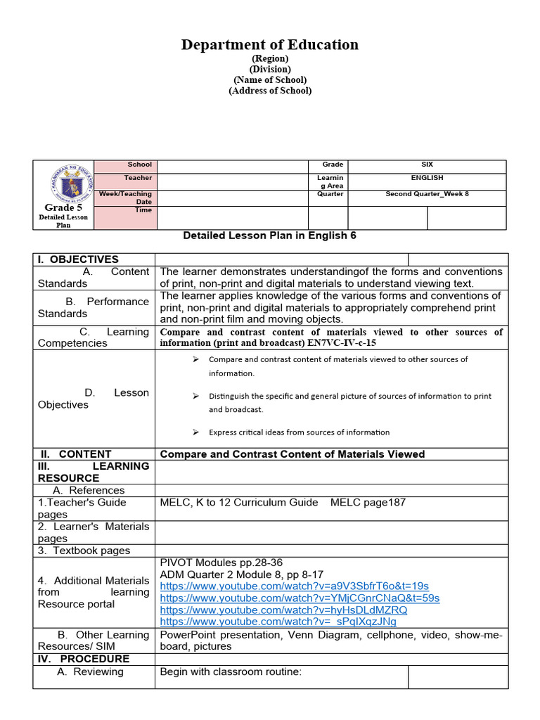 English 6 Lesson Plan: Week 8 Q2 | PDF | Learning | Malaria