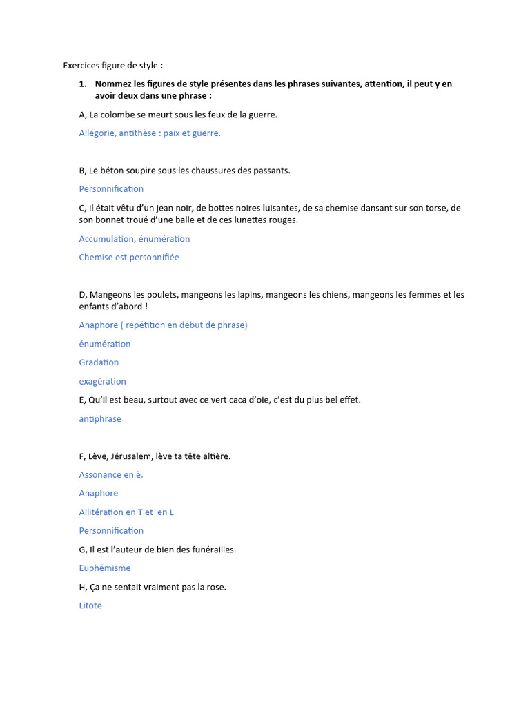 Exercices sur les figures de style | PDF