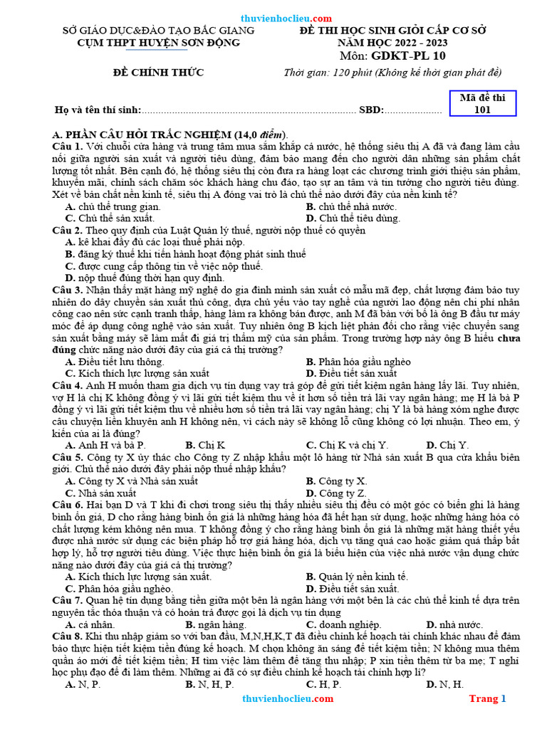 De Thi HSG GD KTPL 10 Cum Truong Huyen Son Dong 22 23 | PDF