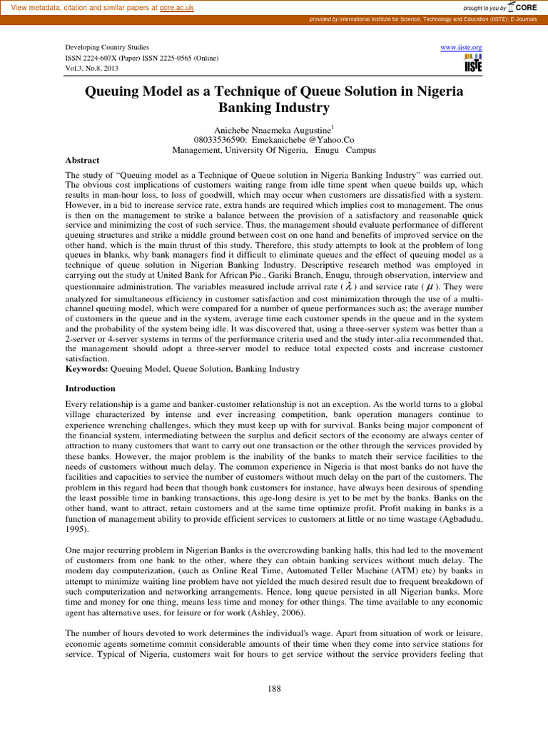 Queuing Model As A Technique of Queue Solution in Nigeria Banking Industry | PDF