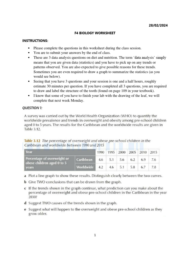 F4 Biology Worksheet on Nutrition Data | PDF