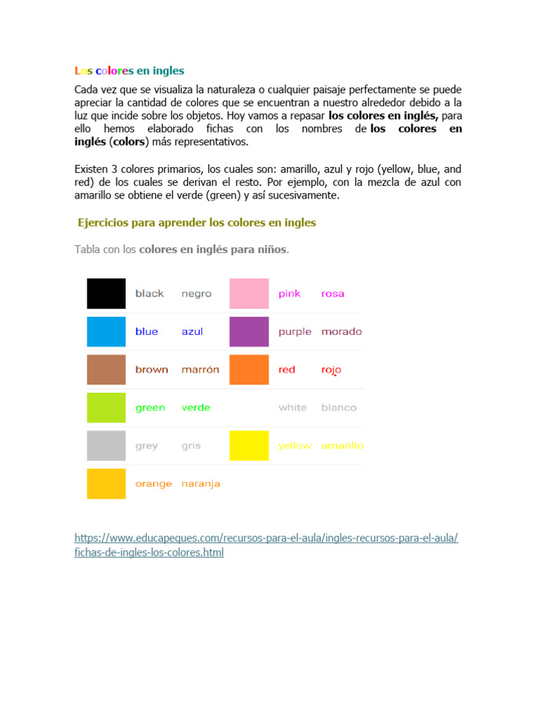 Colores en inglés: guía y ejercicios | PDF | Artes del Lenguaje y ...