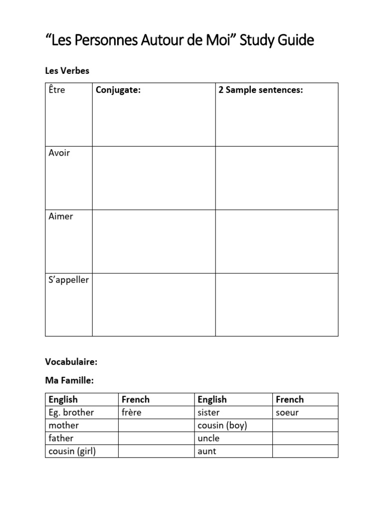 Grade 7 French Les Personnes Autour de Moi Study Guide | PDF