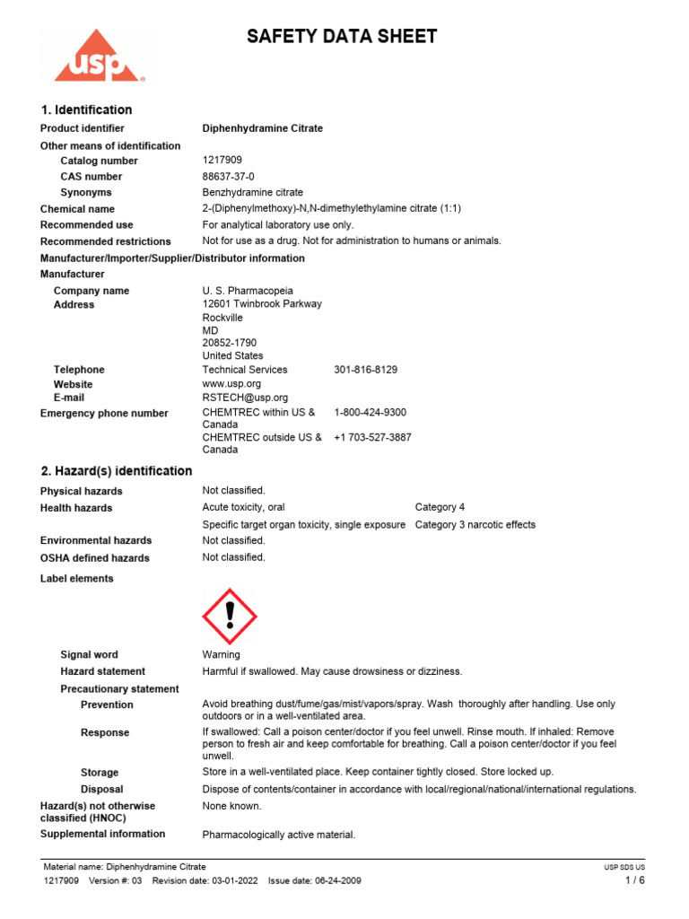 Difenhidramina Citrato | PDF | Firefighting | Toxicity