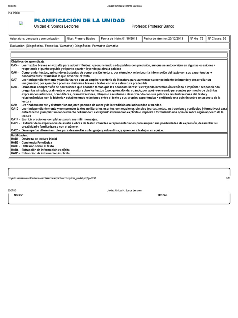 Planificación Unidad 4: Lectura y Escritura | PDF | Maestros | Aprendizaje