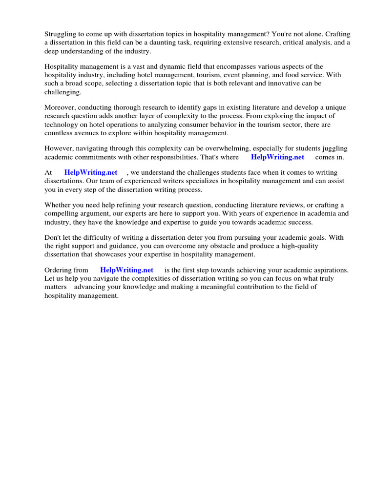 Dissertation Topics in Hospitality Management | PDF | Tourism | Thesis