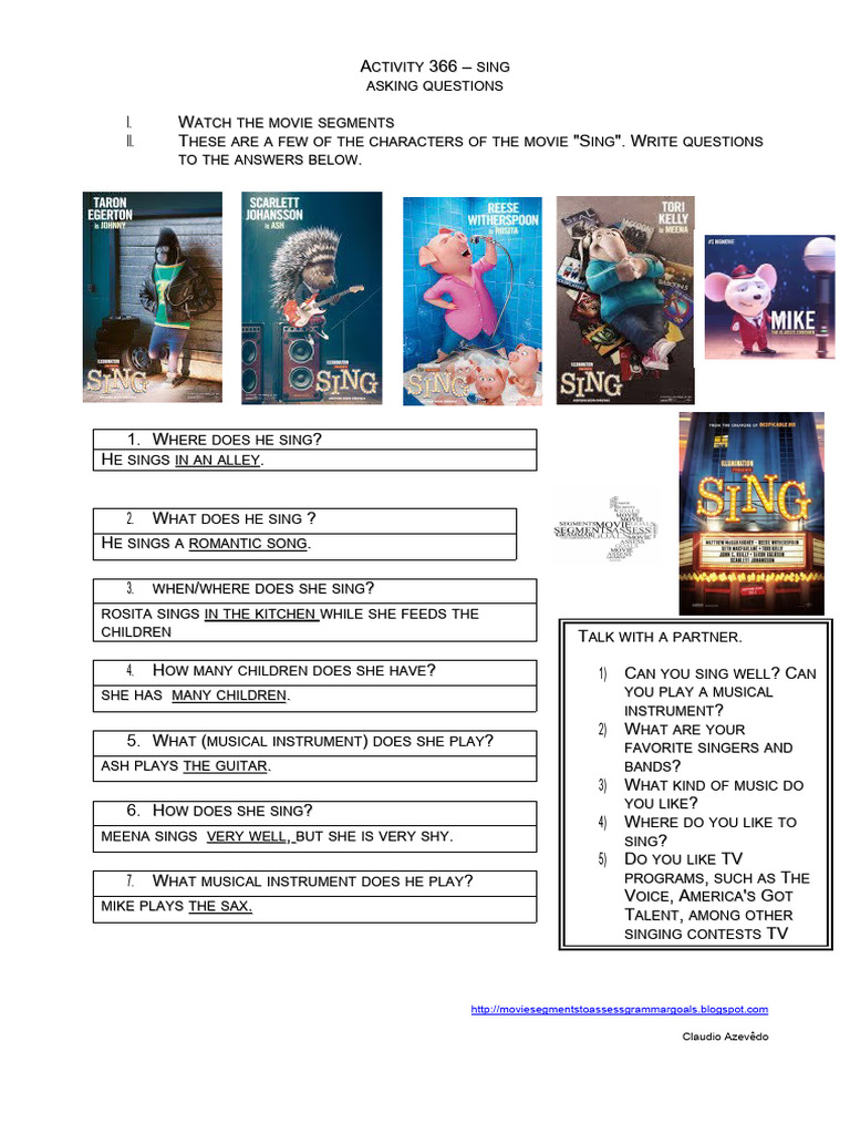 Sing Movie Character Questions Activity | PDF | Entertainment ...