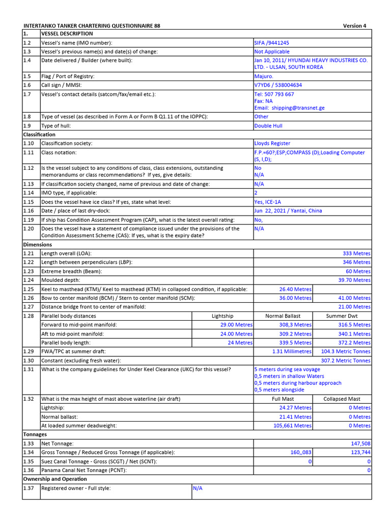 Sifa Q88 | PDF | Tonnage | Ships
