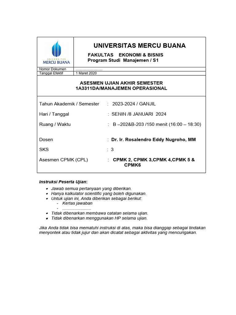 UMB - OBE - UAS - S1 - Manajemen - MO - 2023 - 2024 - GANJIL - Sore | PDF