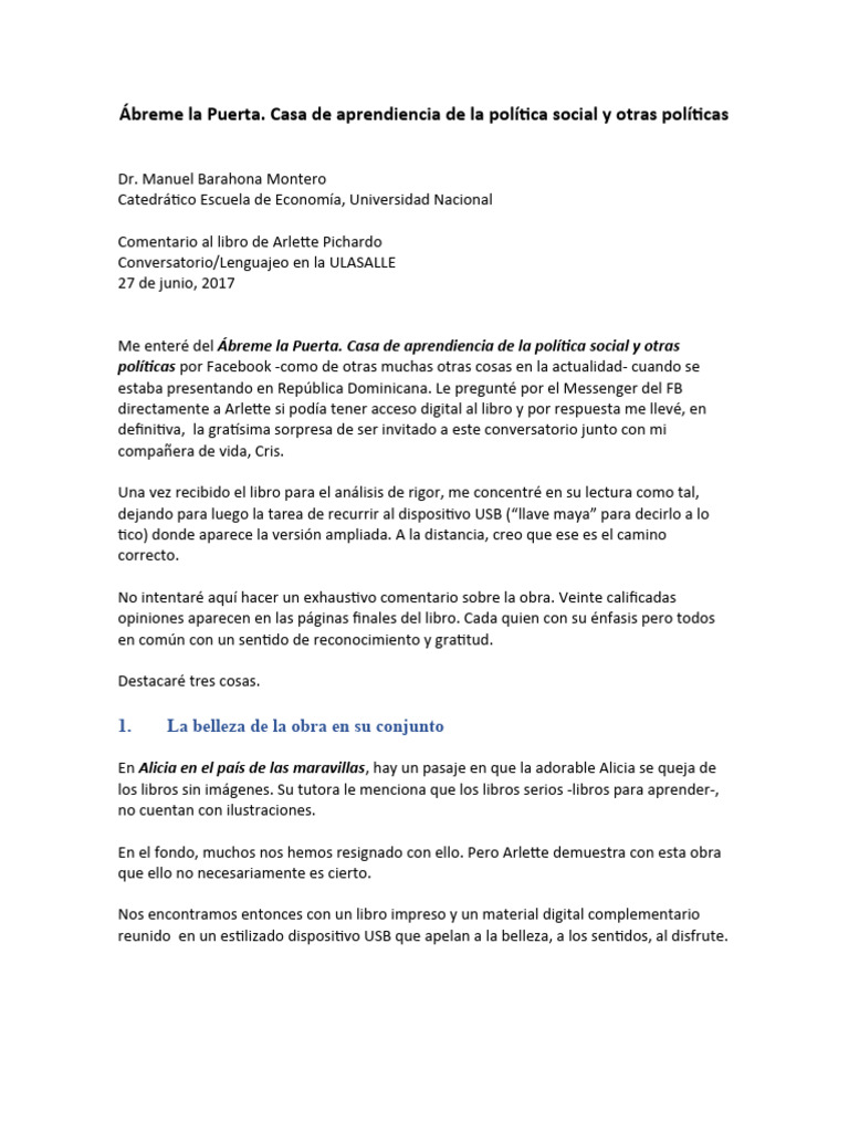 Manuel Barahona Sobre Ábreme La Puerta de Arlette Pichardo | PDF