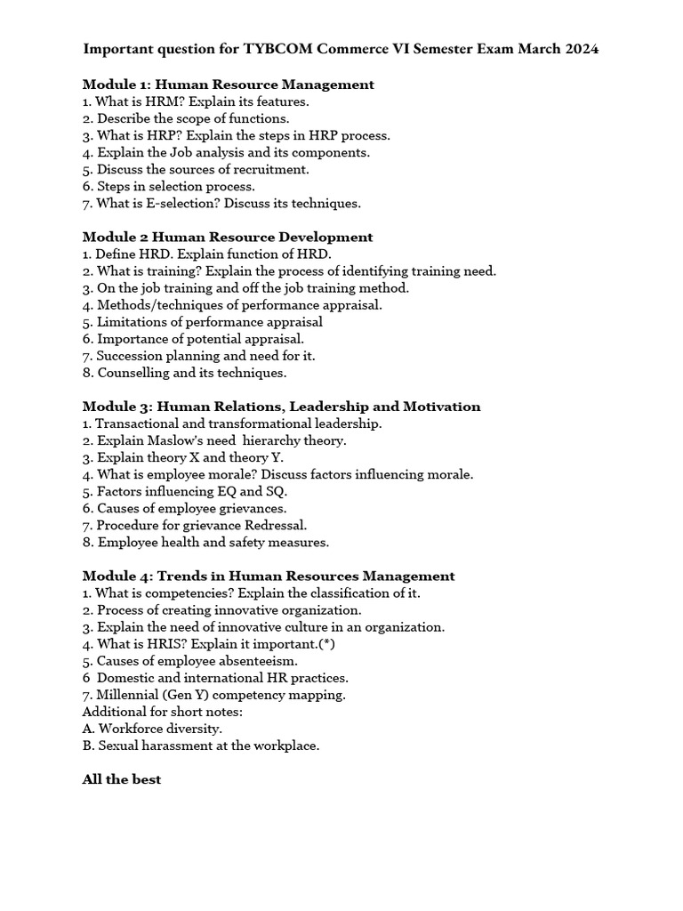 TYBCOM HRM Exam Prep Guide | PDF