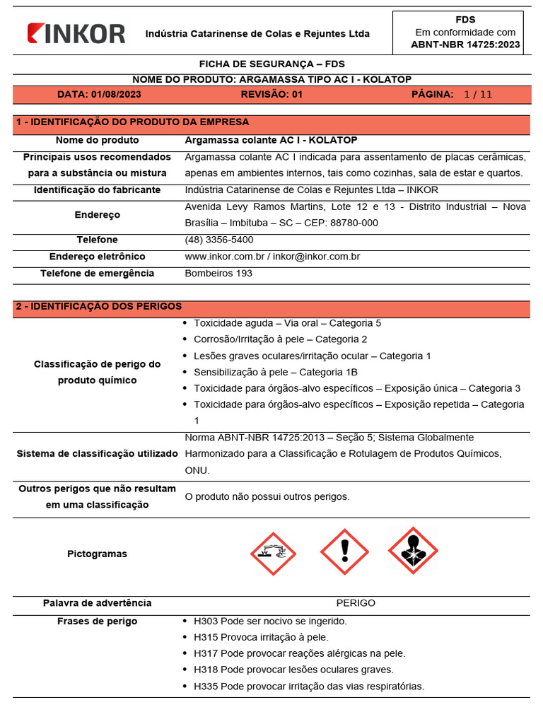 FDS Eemplo de Ficha de Dados de Segurança | PDF | Cimento | Dióxido de ...