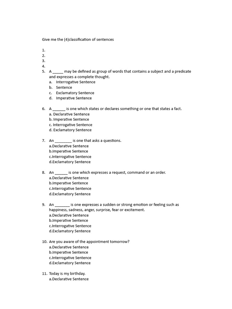 Quiz Classification of Sentences | PDF | Sentence (Linguistics) | Question